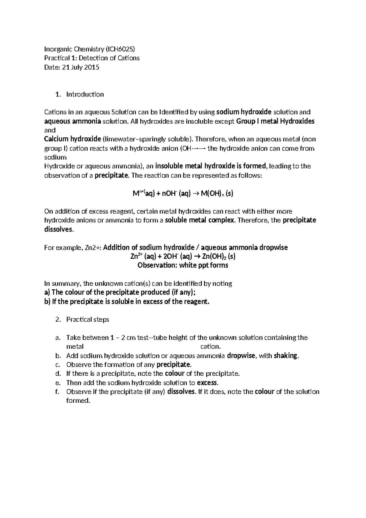 ICH602S Practical 1 Detection of Cations 21 july 2015 - Inorganic ...