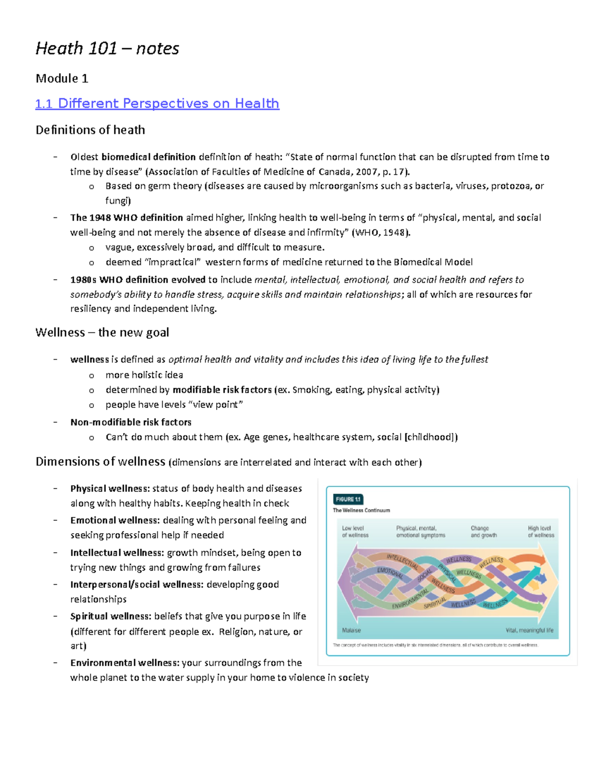 Heath 101 - notes - Heath 101 – notes Module 1 1 Different Perspectives ...