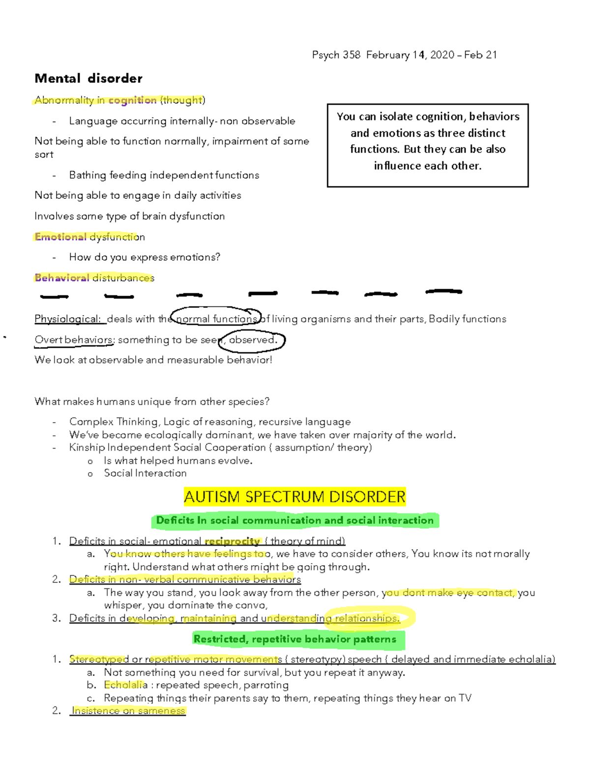 PSYCH 358- Autism Class notes 1 - Psych 358 February 14, 2020 – Feb 21 ...