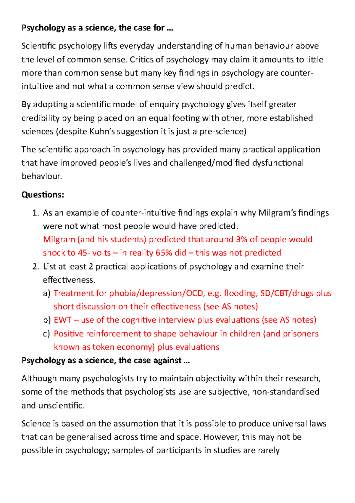 Answers TO Activity The case for and against psychology as science ...