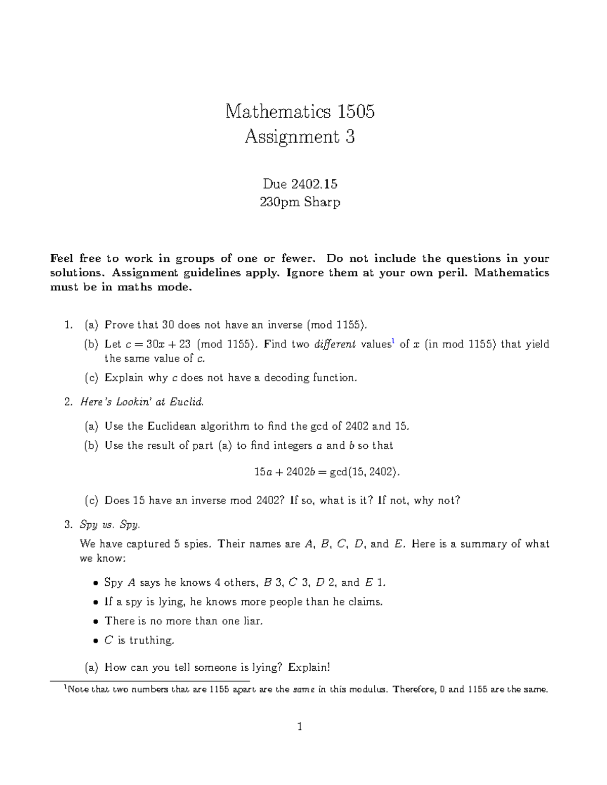 M1505 assig 3 - Mathematics 1505 Assignment 3 Due 2402. 230pm Sharp ...