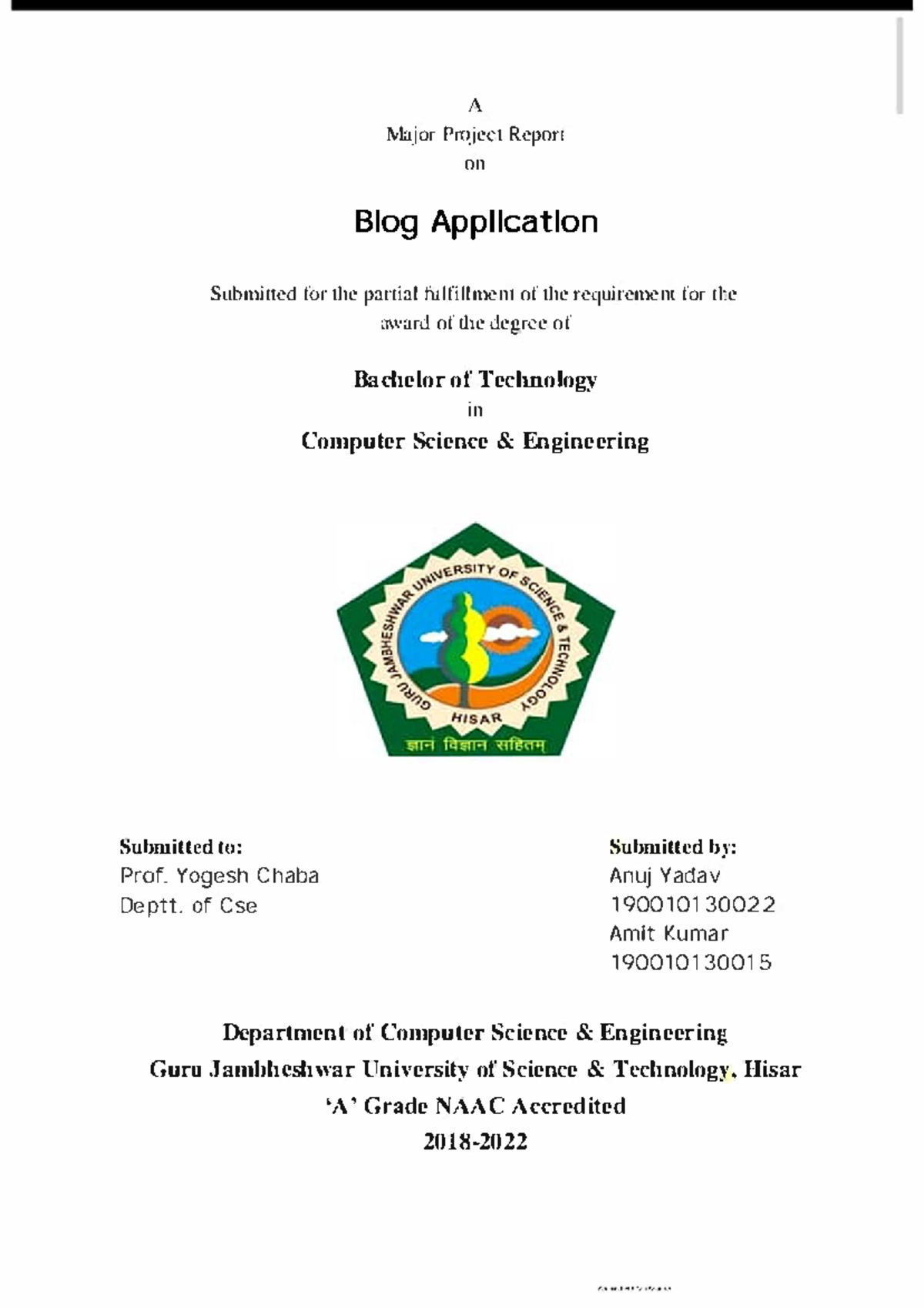 Major project file - blog app report - A Major Prqject Report on Blog ...