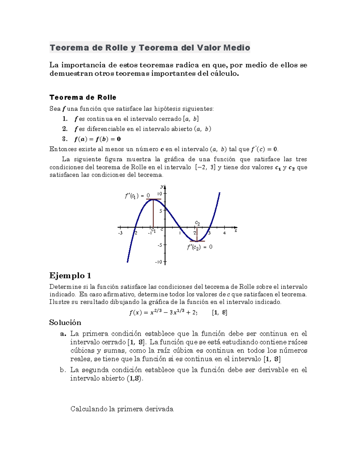 13. Teorema de Rolle y Teorema del Valor Medio - Teorema de Rolle Sea f ...