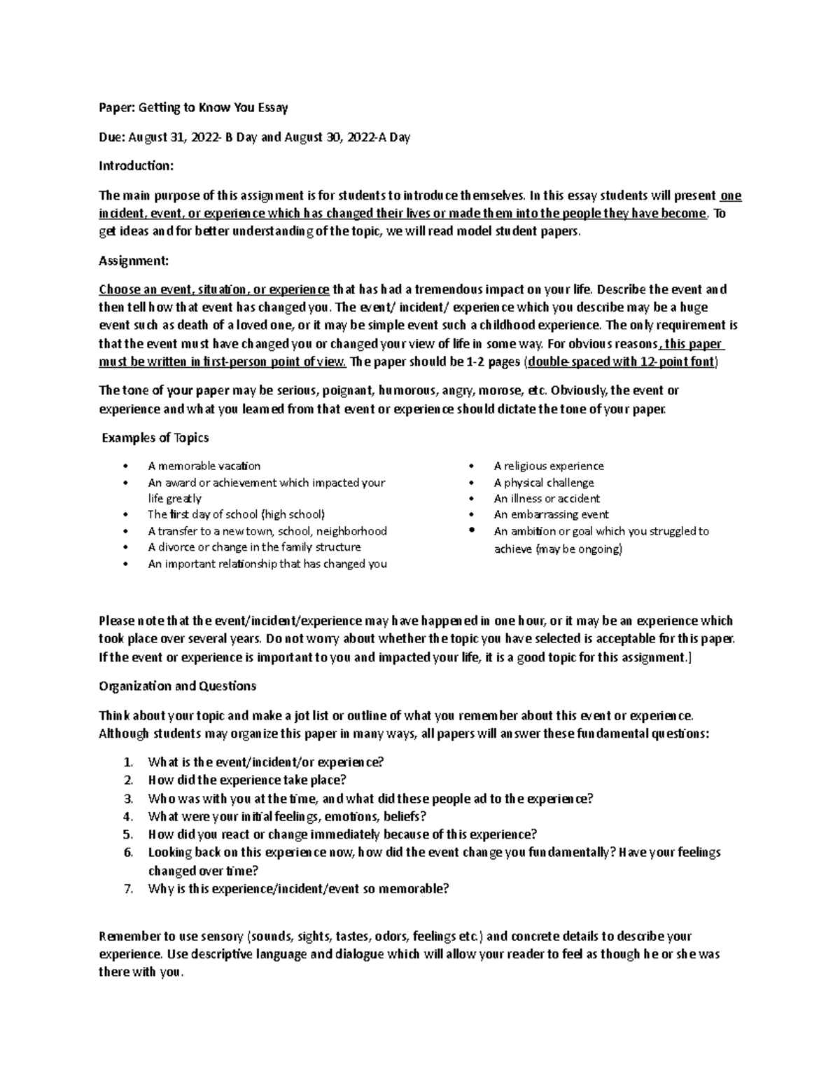 Geting+to+Know+You+Essay+ - Paper: Getting to Know You Essay Due ...