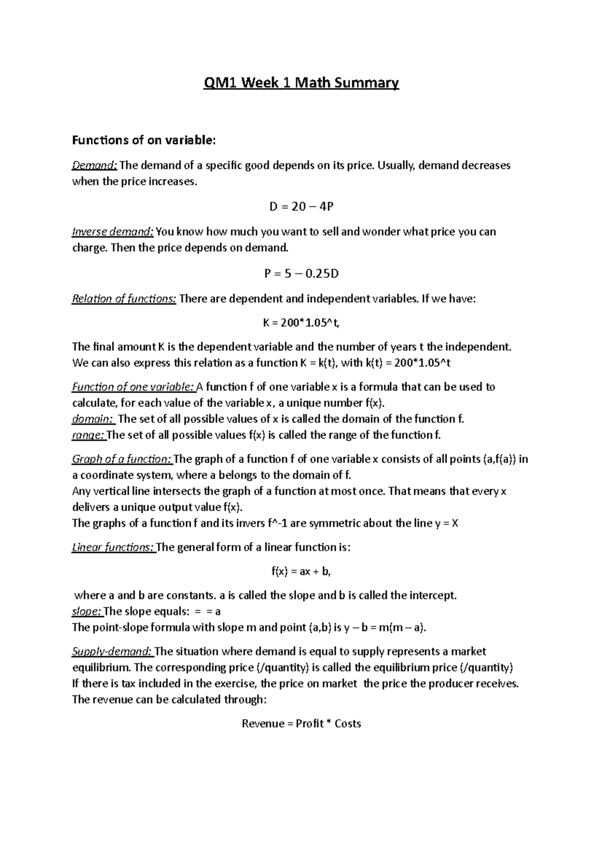 QM1 Week 1 Math Summary - QM1 Week 1 Math Summary Functions of on ...