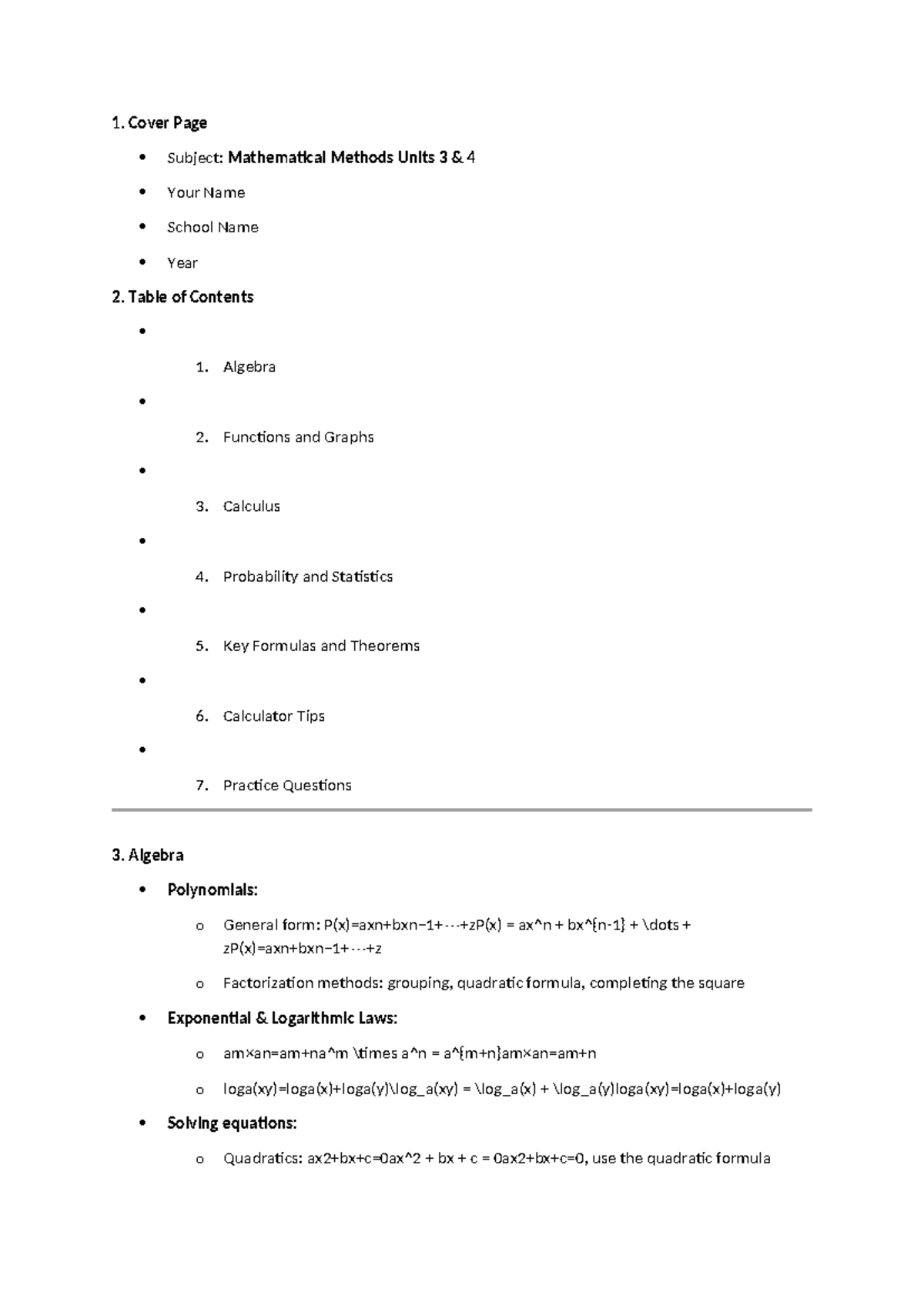 1 - cheatsheet - 1. Cover Page Subject: Mathematical Methods Units 3 ...