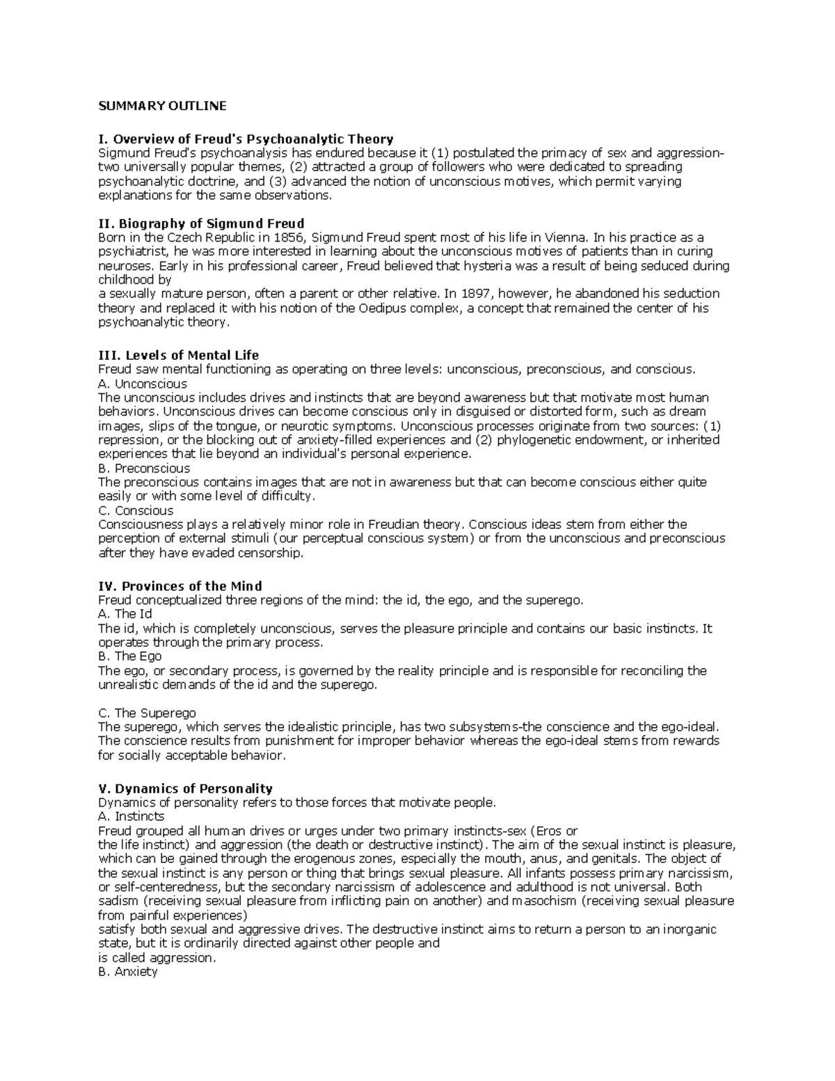 2-Freud - SUMMARY OUTLINE I. Overview of Freud's Psychoanalytic Theory ...