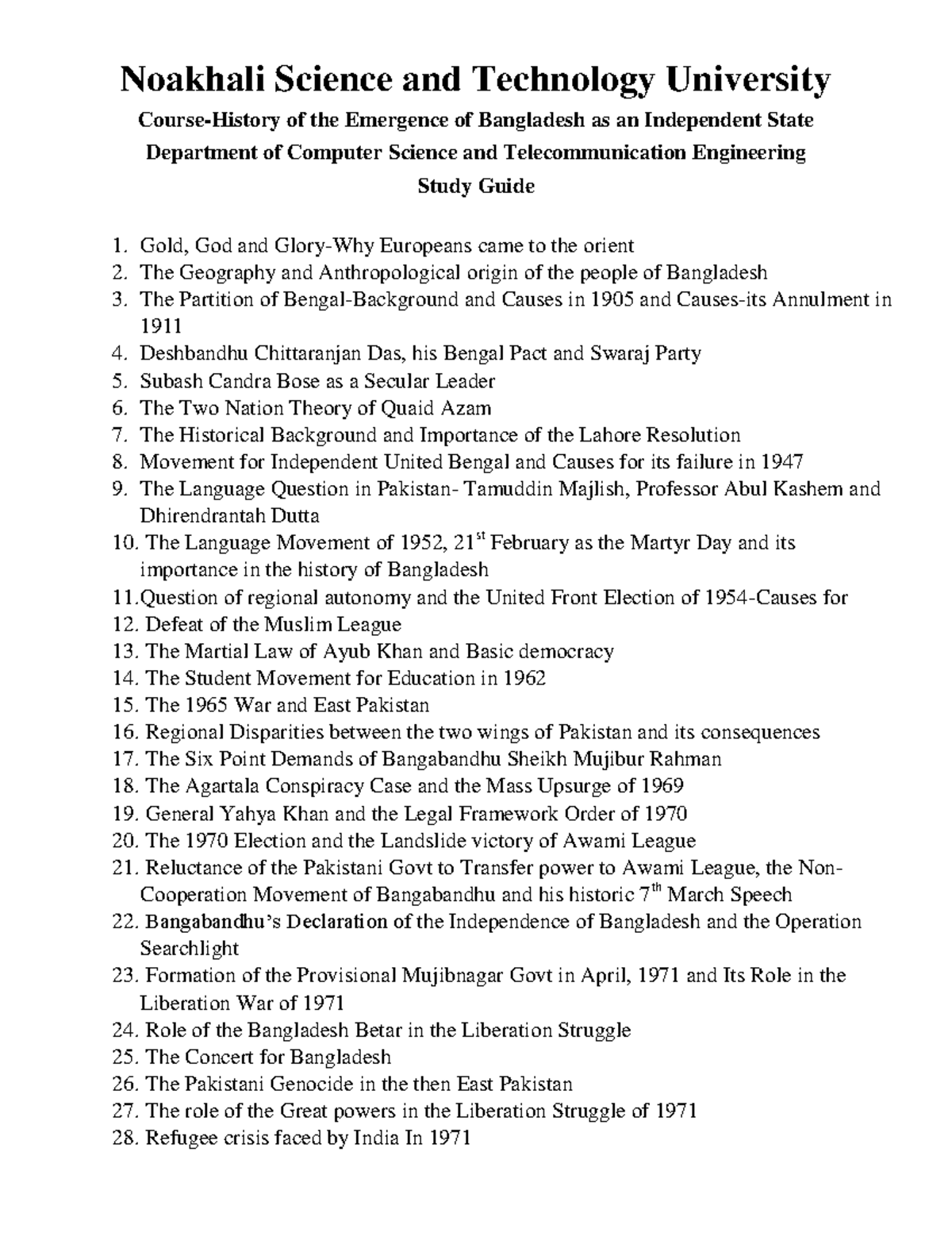 BMS Study guide - Noakhali Science and Technology University Course-History of the Emergence of ...