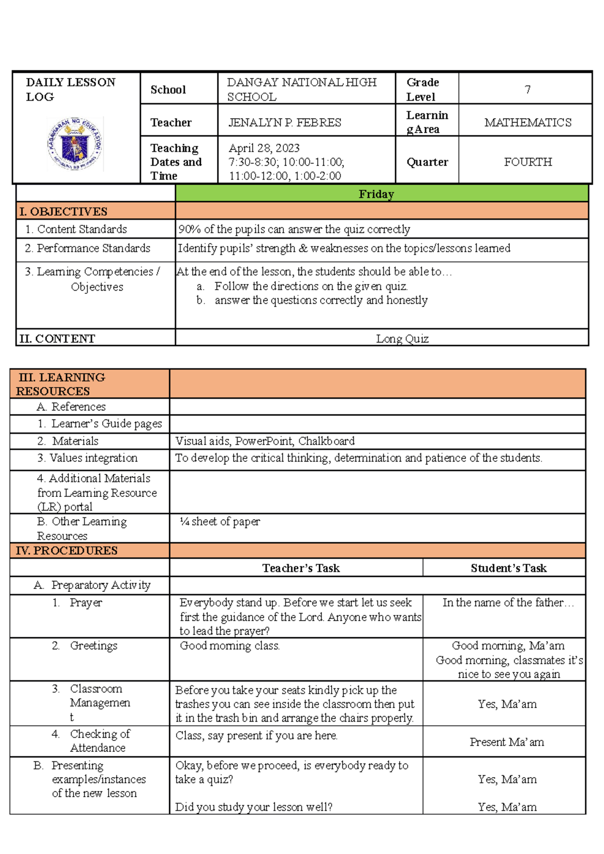 Math Lesson Plan - DAILY LESSON LOG School DANGAY NATIONAL HIGH SCHOOL ...