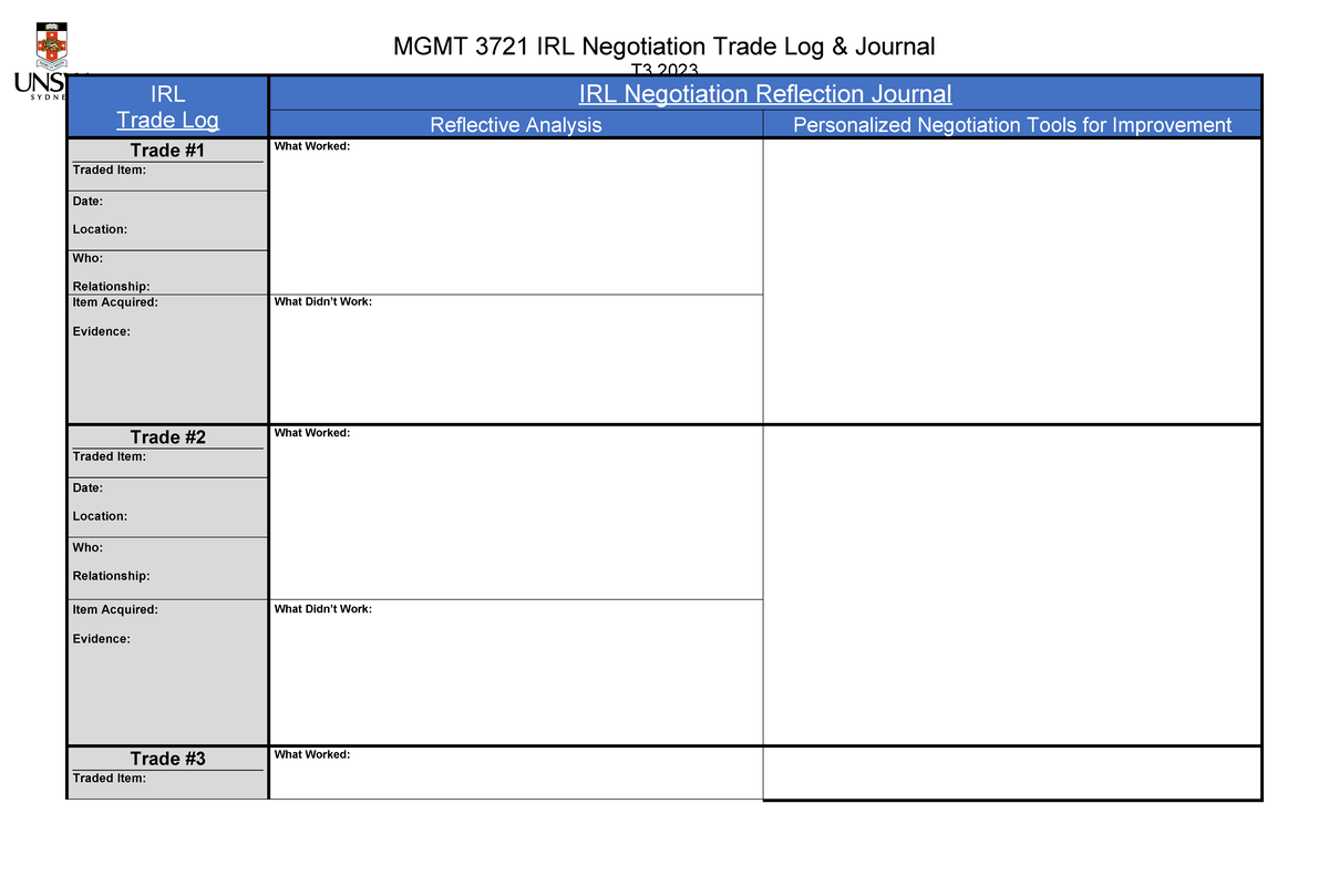 IRL Journal Template (T3 2023) - Tagged - MGMT 3721 IRL Negotiation ...