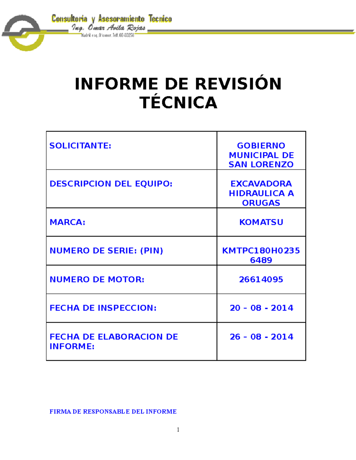 Revision Excavadora A Orugas PC200LC-8 - INFORME DE REVISIÓN TÉCNICA ...