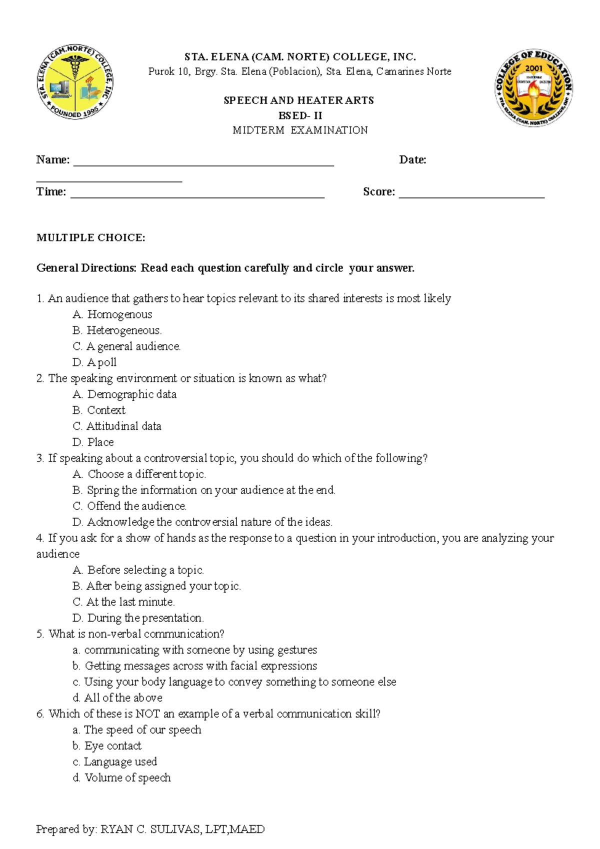 Speech AND Heater ARTS Midterm EXAM BSED II - STA. ELENA (CAM. NORTE ...