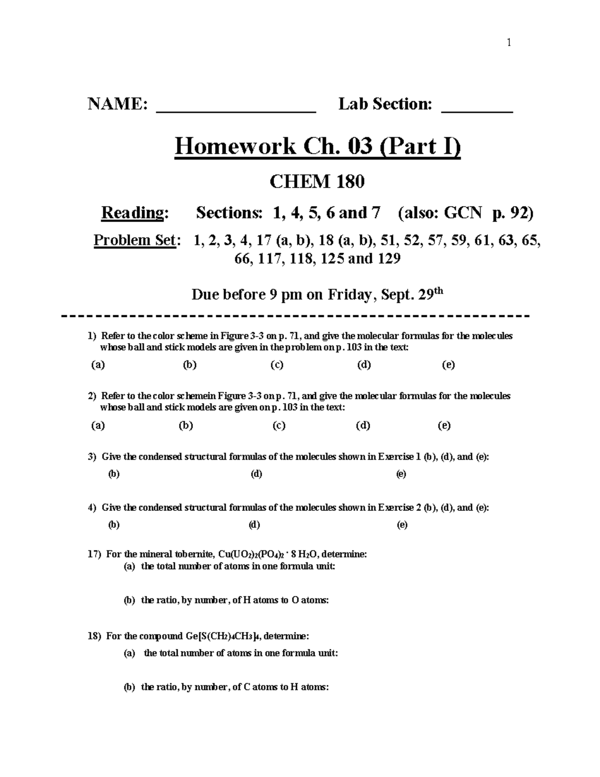 HW Ch - Week 1 homework handout - 1 NAME: __________________ Lab ...