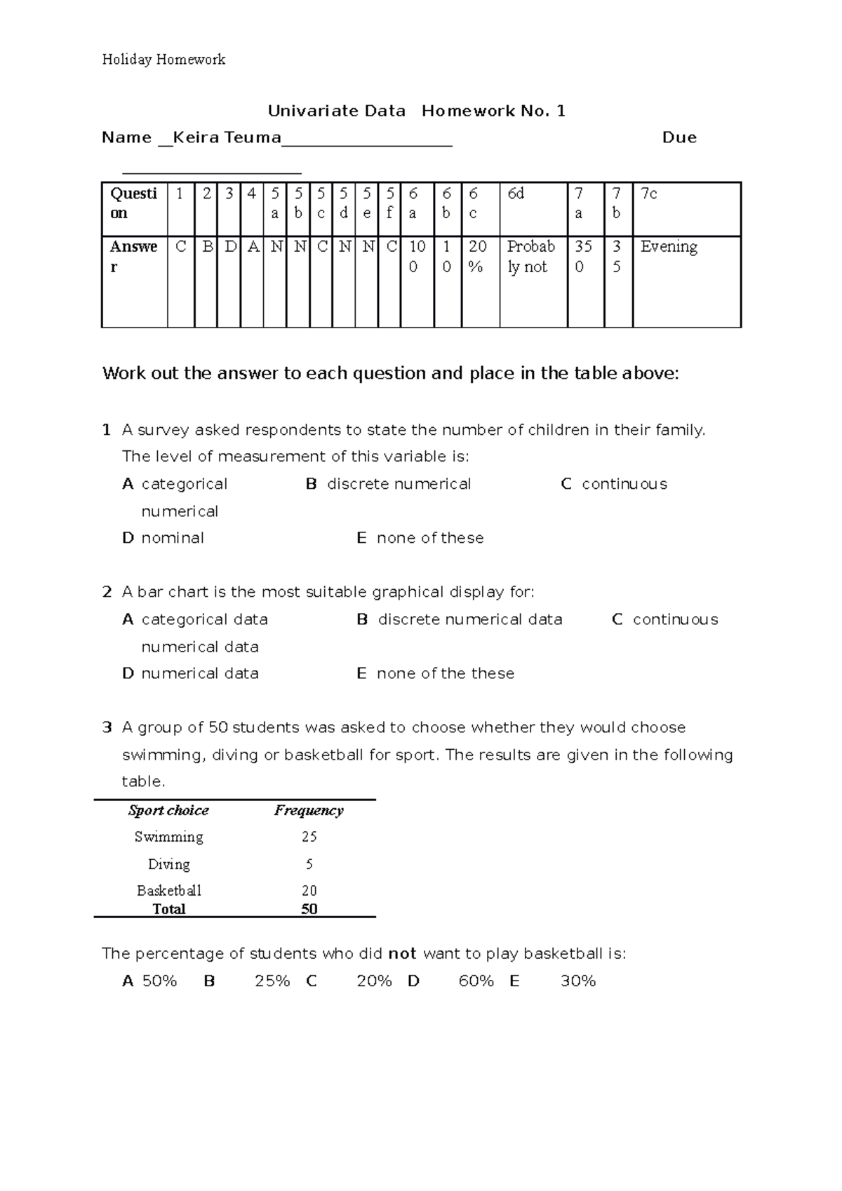 holiday homework for term 3 - Univariate Data Homework No. 1 Name Keira ...