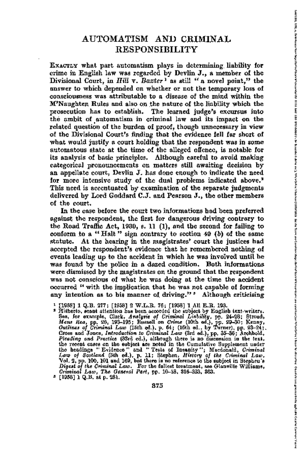 Modern Law Review - July 1958 - Edwards - Automatism AND Criminal ...