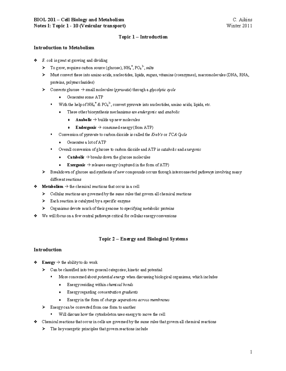 Lecture notes, lecture 1 - 17 rn - BIOL 201 – Cell Biology and ...