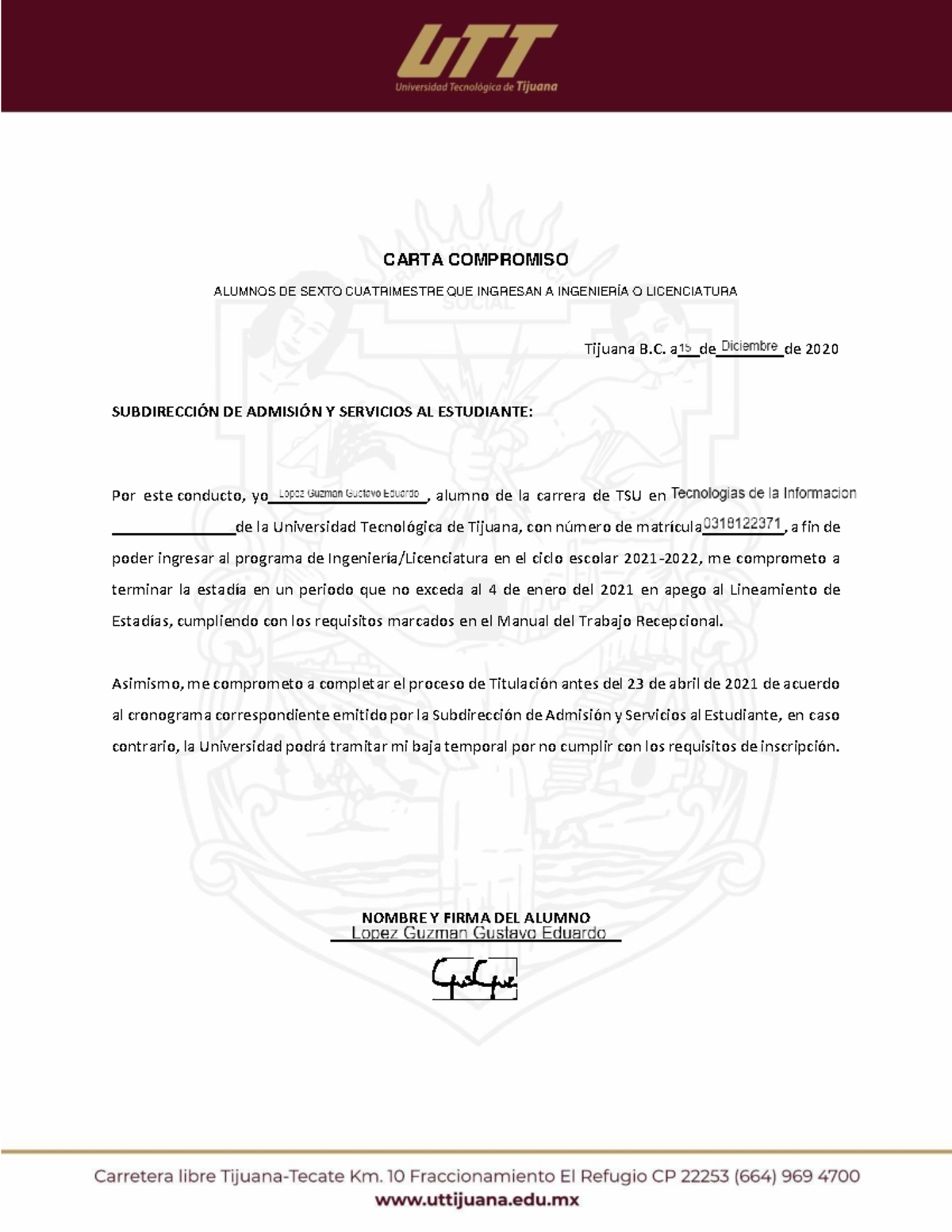 Carta Compromiso Ingenieria Licenciatura-firmado - CARTA COMPROMISO ...