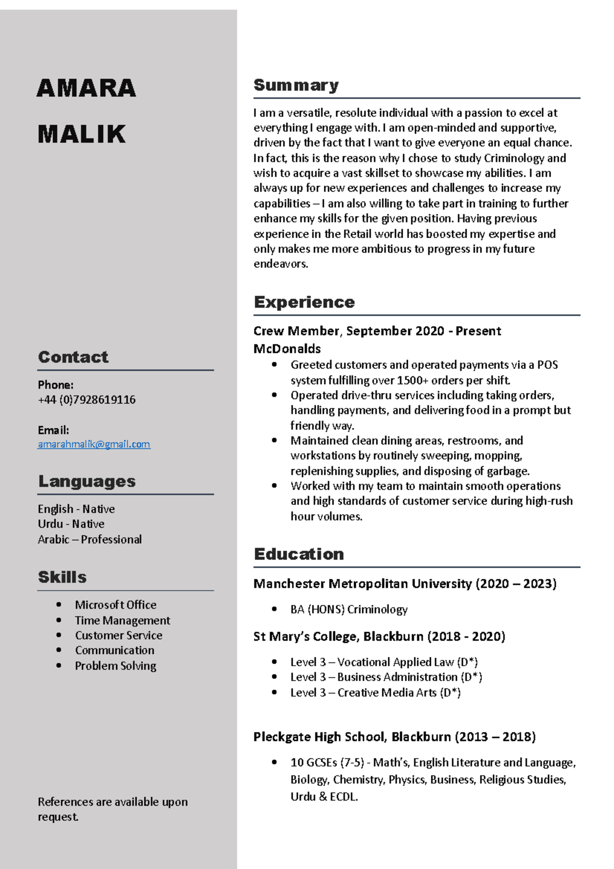 Amara Malik CV - Cv - prep - LAWS10011 - Manchester - Studocu