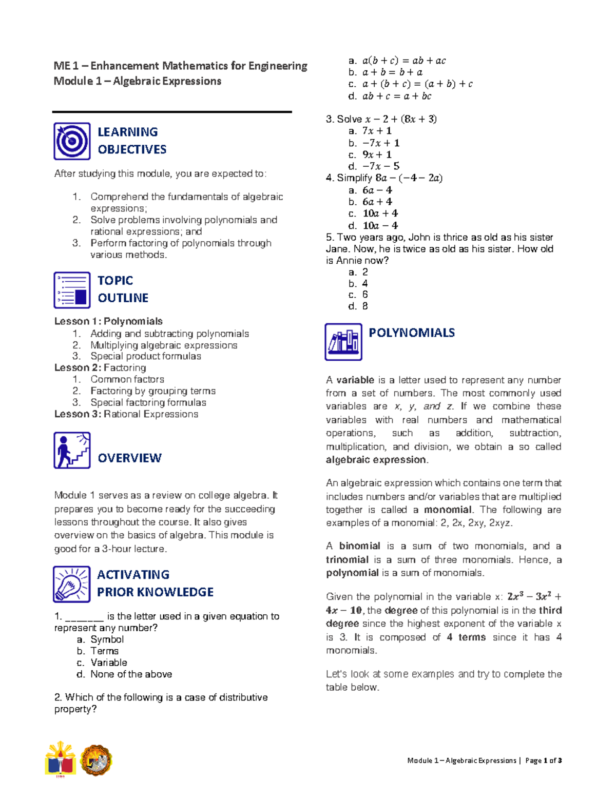 Enhancement Math for Engineers - Module 1 - Module 1 – Algebraic ...