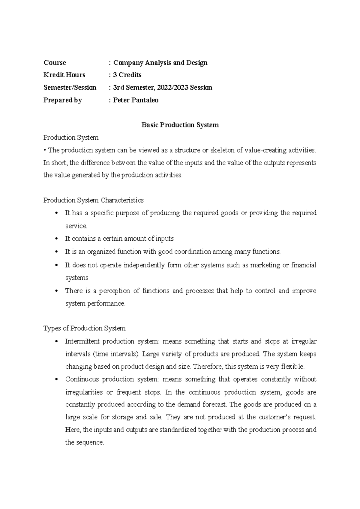 Lecture Notes Basic Production System Company Analysis and Design ...