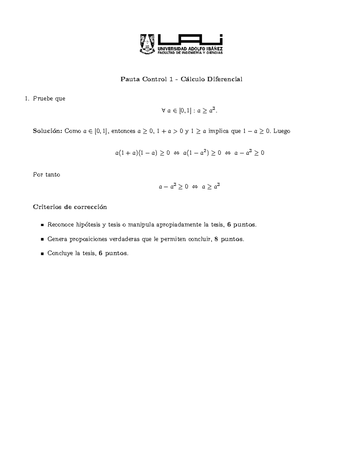 Pauta Control 1 cálculo diferencial año 2022 - Cálculo Diferencial - UAI - Studocu