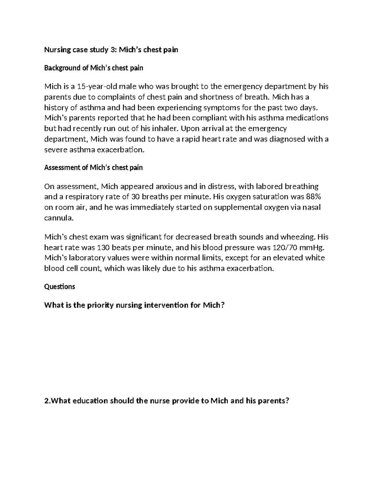 Chest Pain Case Study - Nursing case study 3: Mich’s chest pain ...