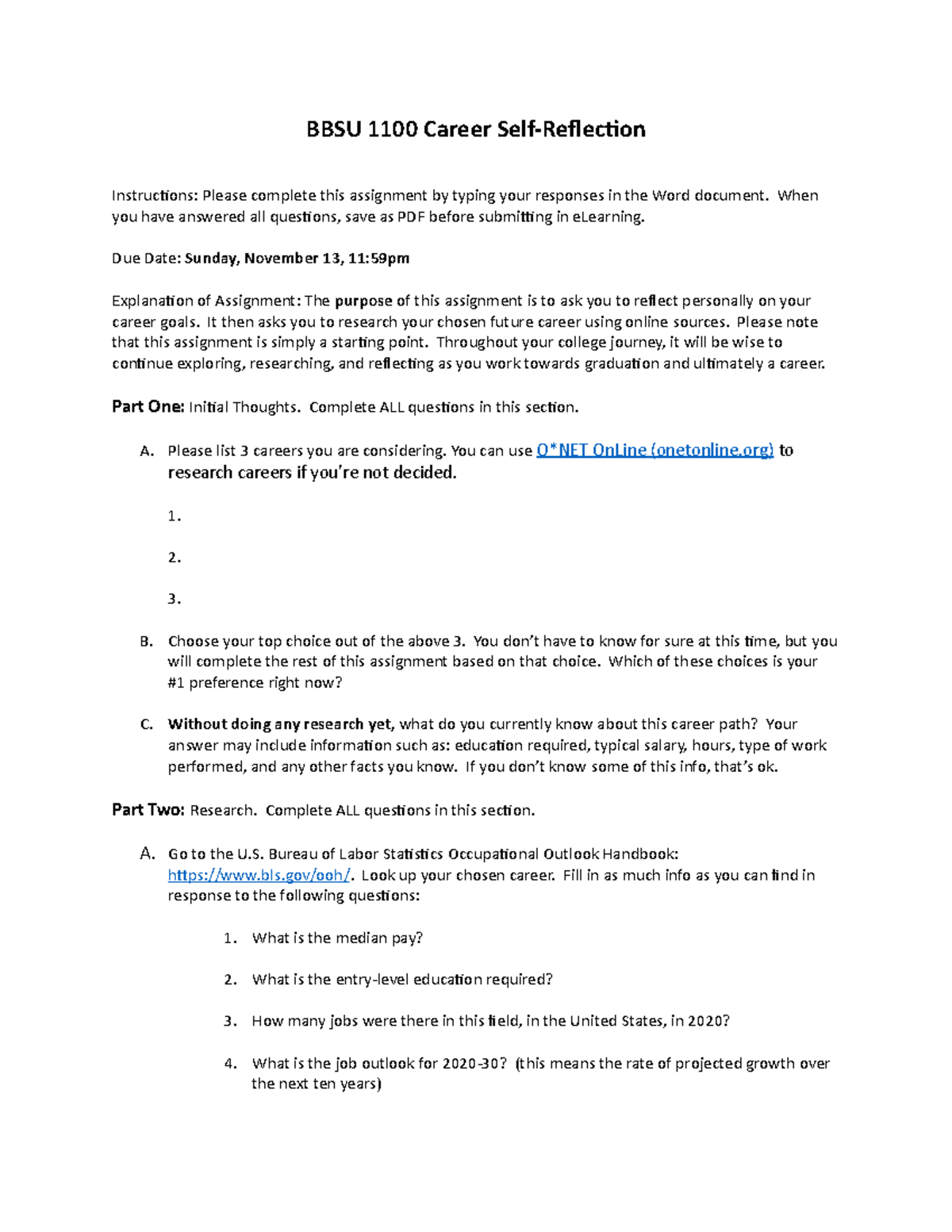 Career Self-Reflection - BBSU 1100 Career Self-Reflection Instructions ...