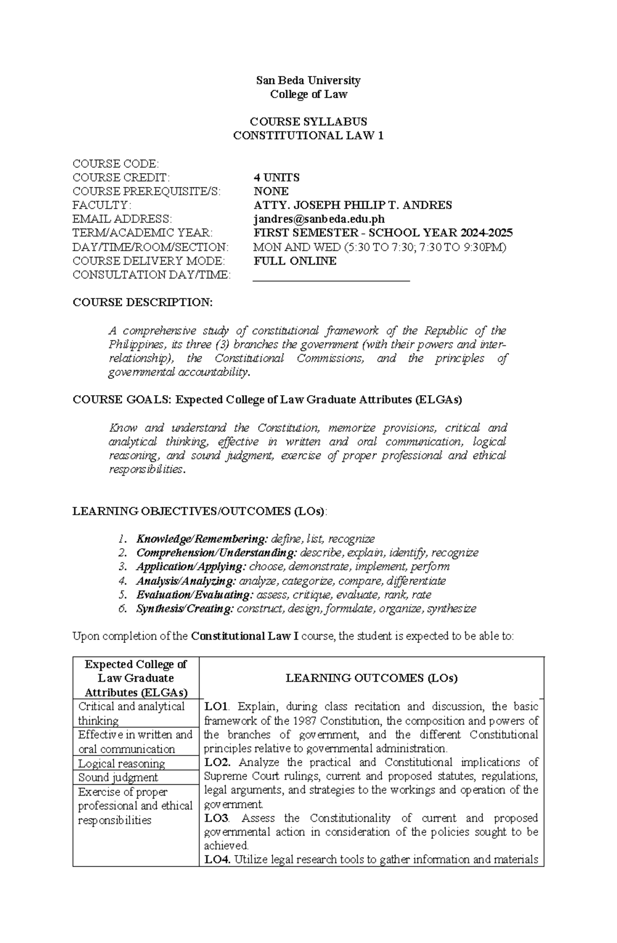 Syllabus Constitution 1 for First Years - San Beda University College ...