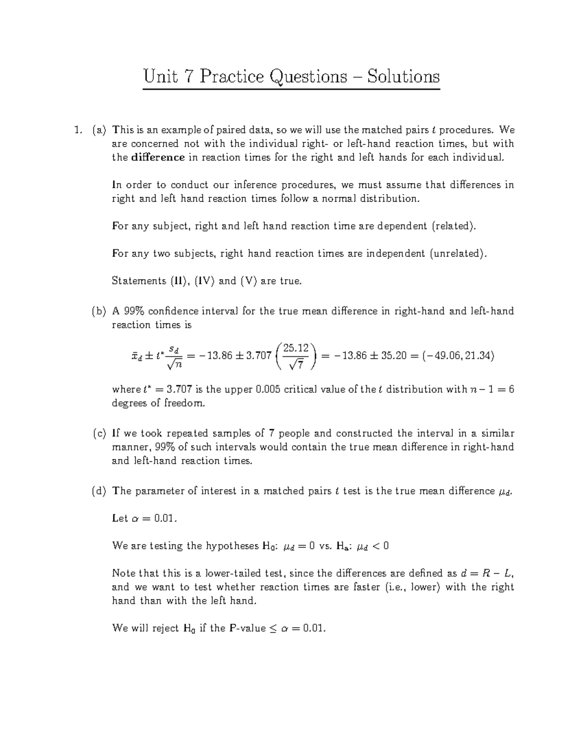 Unit 7 Solutions - Practices for Stastic - Unit 7 Practice Questions ...