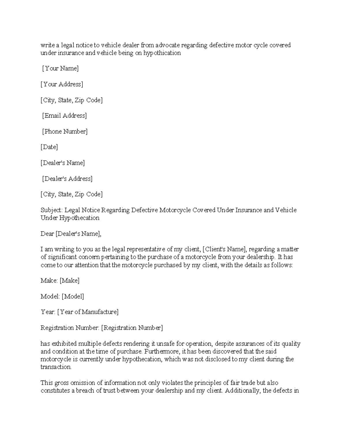 Write a legal notice to vehicle dealer from advocate regarding ...