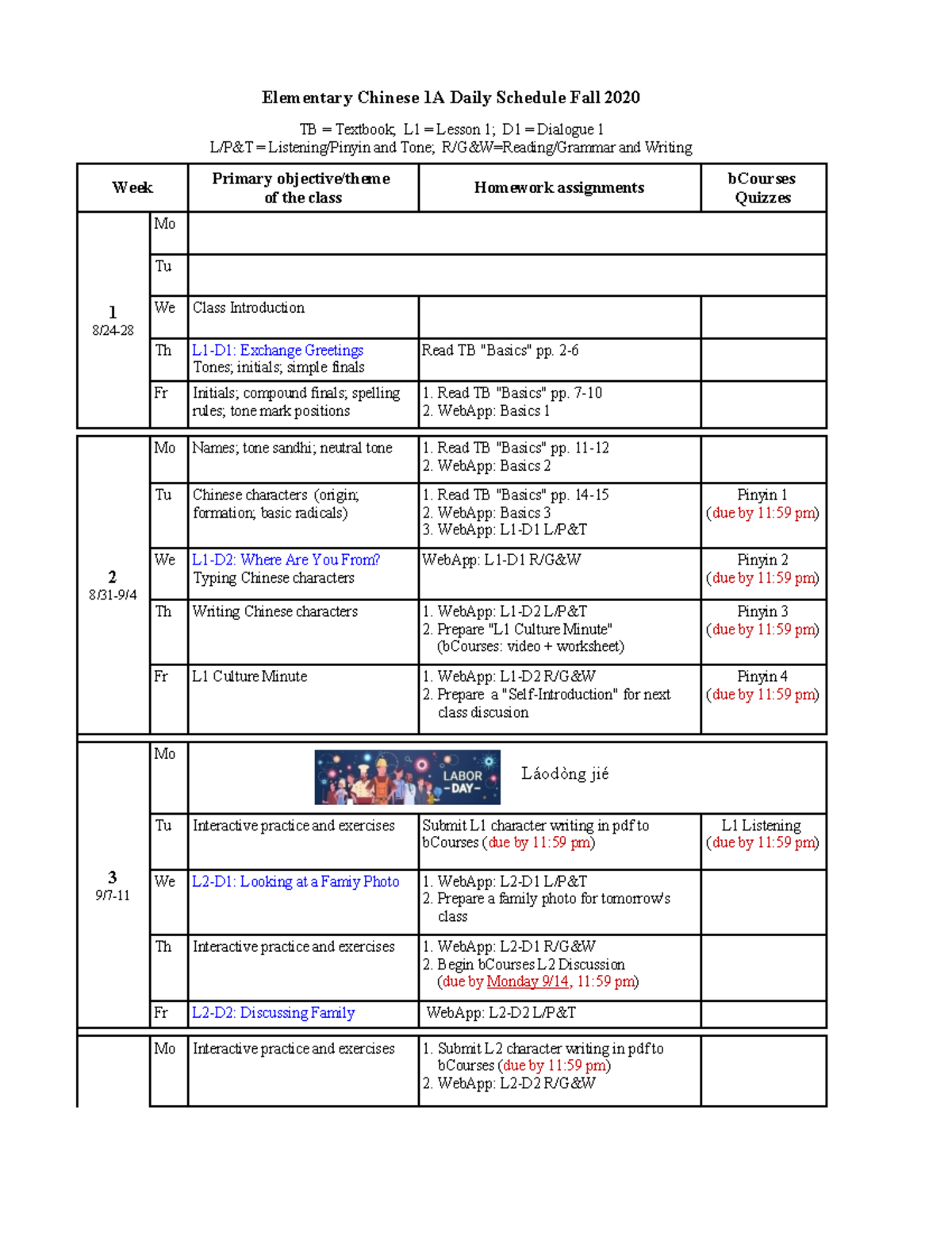 C1A Daily Schedule Fall 2020 - 2- Fr Initials; compound finals ...