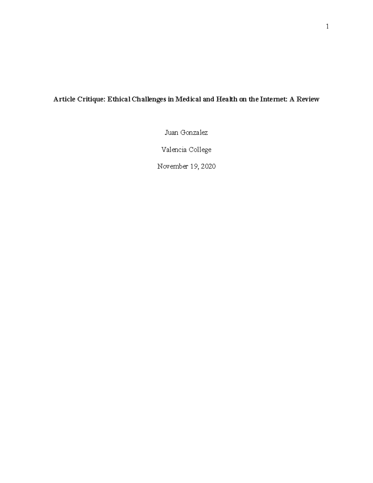 Article Critique Ethical Challengesin Medicaland Healthonthe Internet ...