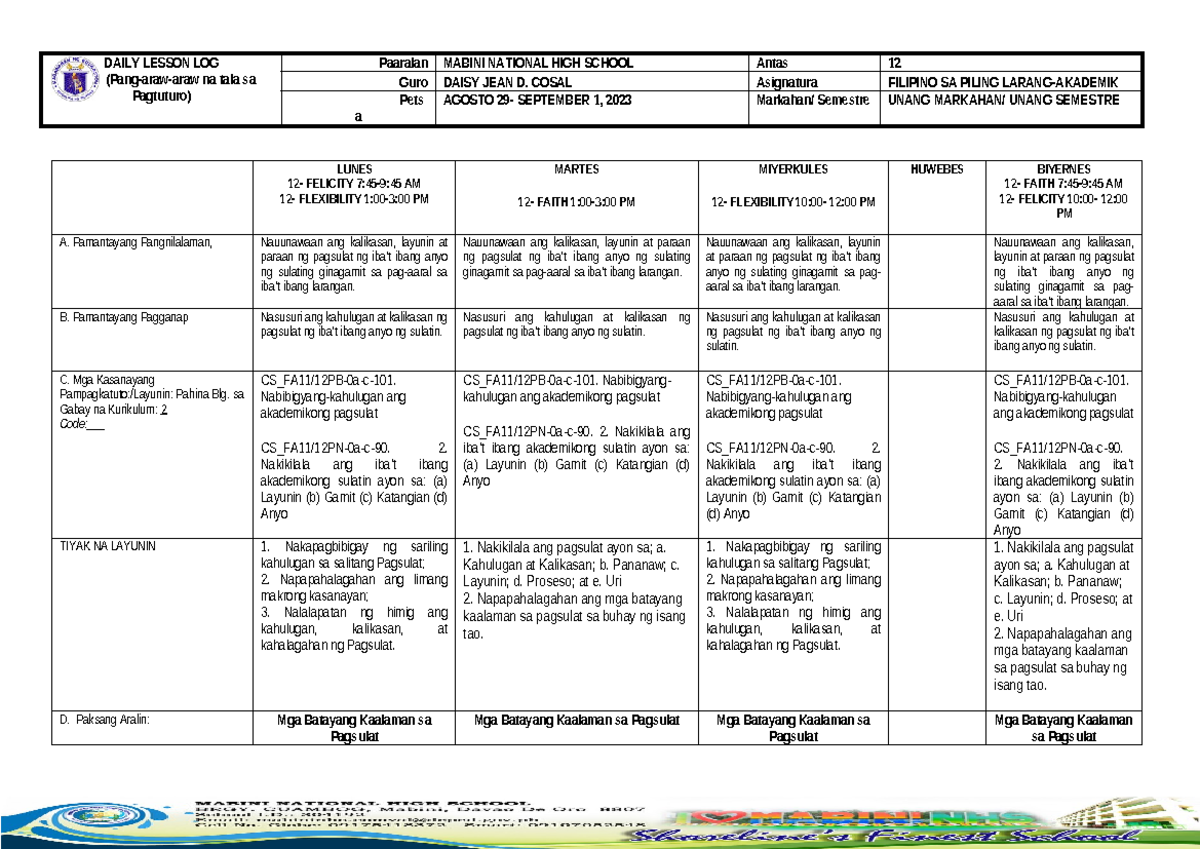 DLL- Larang-AKAD-W1-AUG.29- SEP.4, 2023 - DAILY LESSON LOG (Pang-araw ...