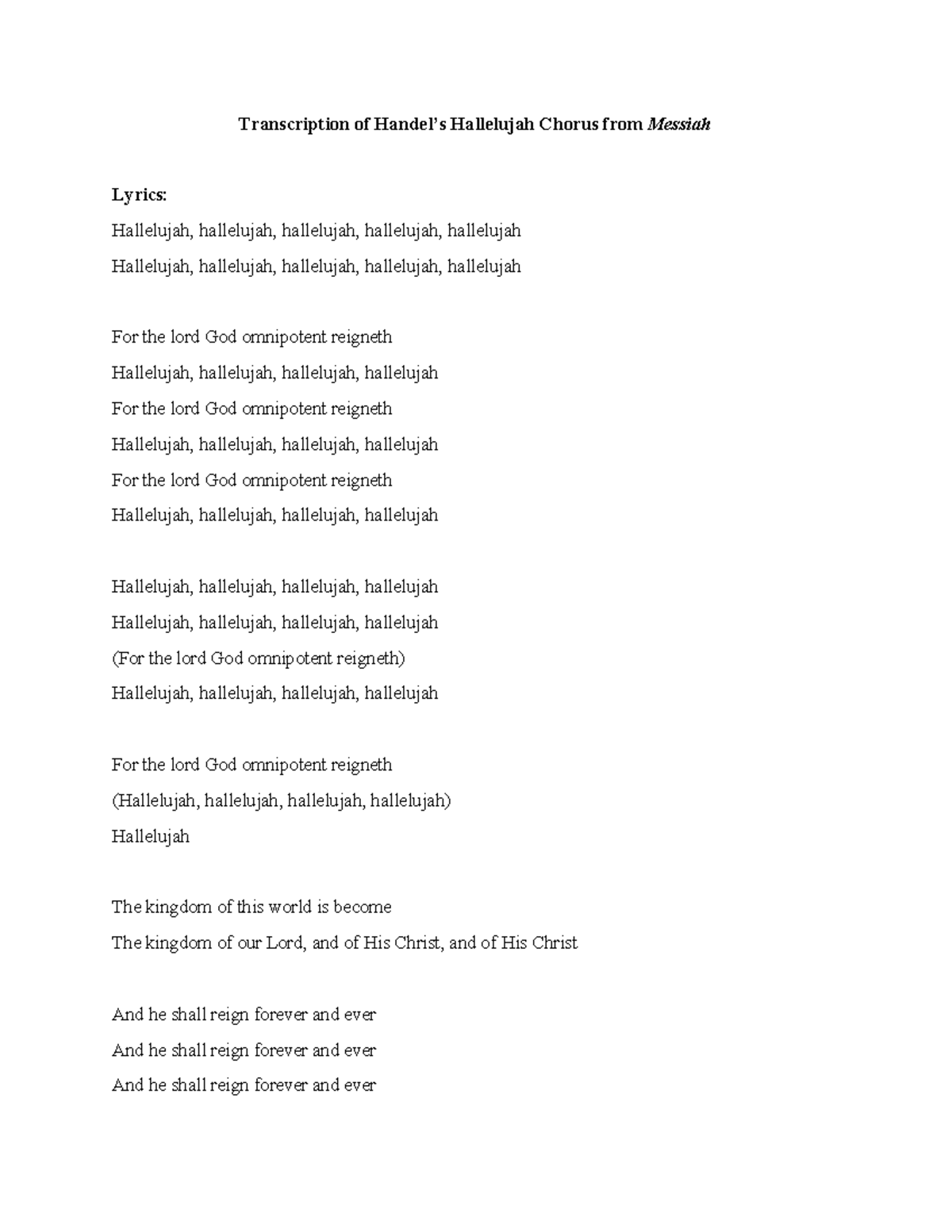 Handel Messiah Transcription - Transcription of Handel’s Hallelujah ...