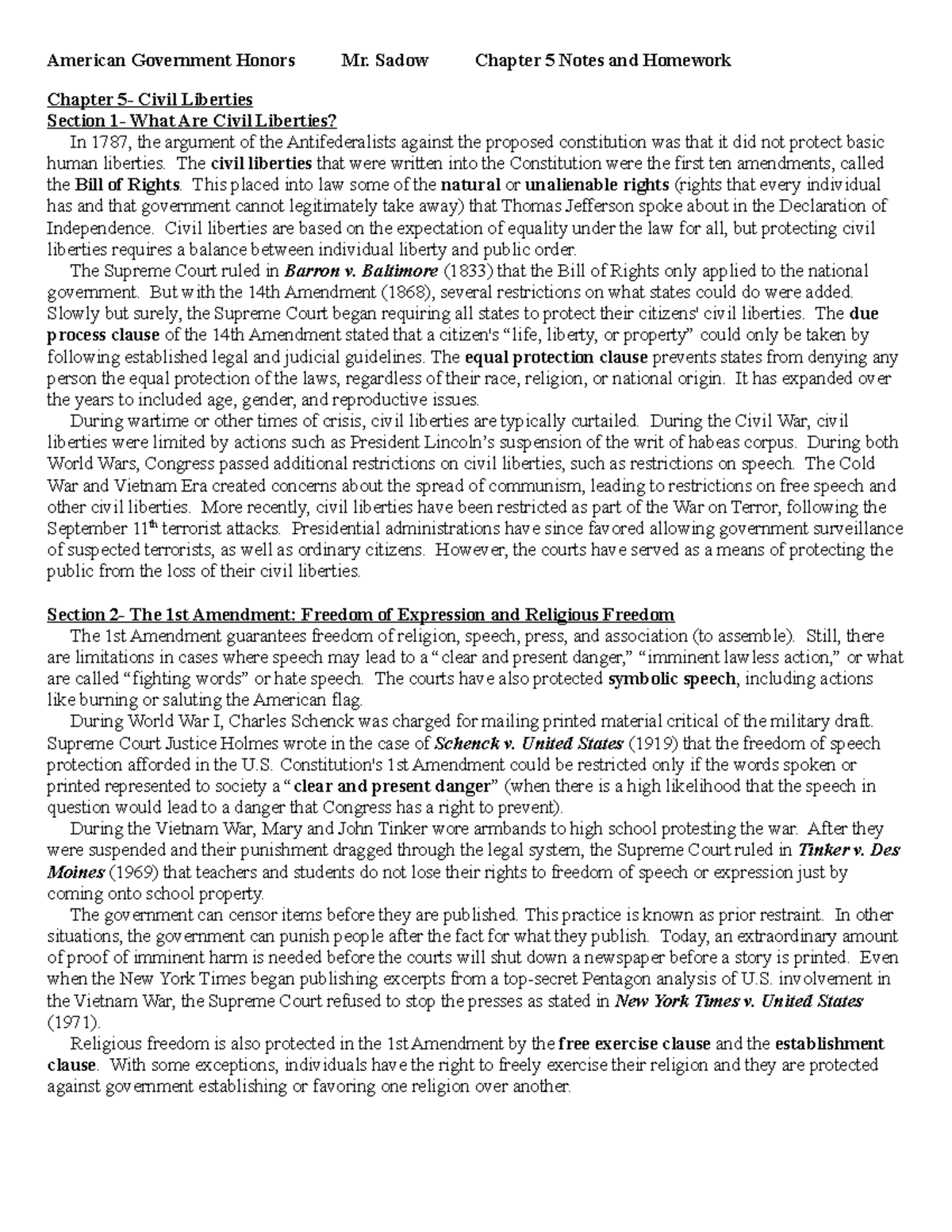 Gov chapter 5 - American Government Honors Mr. Sadow Chapter 5 Notes ...