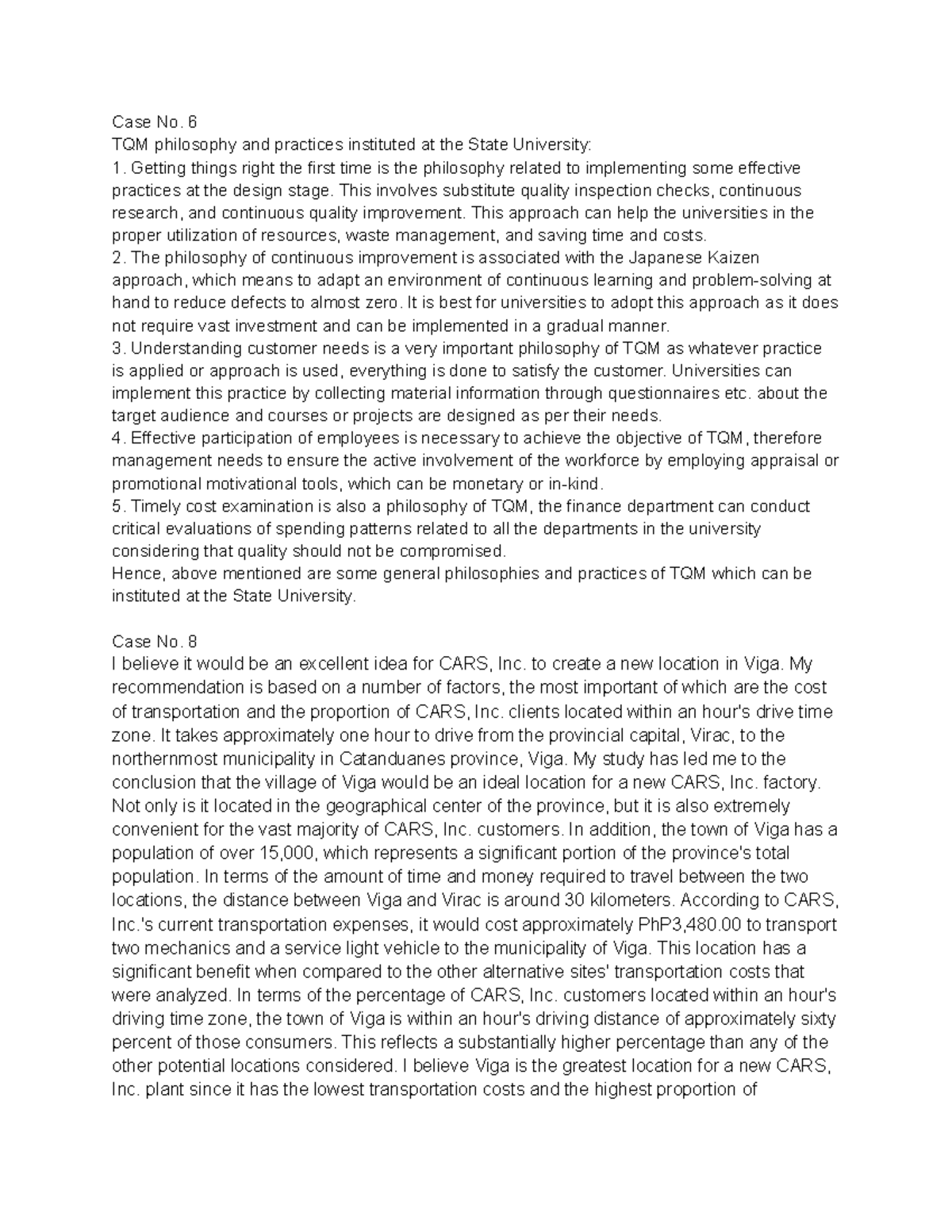 Comms Case Study Arisu - Case No. 6 TQM philosophy and practices ...