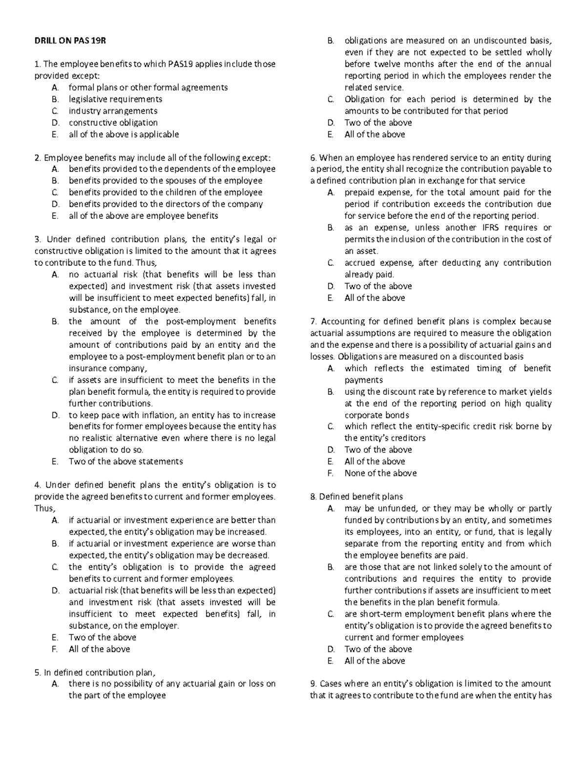 19R-Drill - practice test - DRILL ON PAS 19R The employee benefits to ...