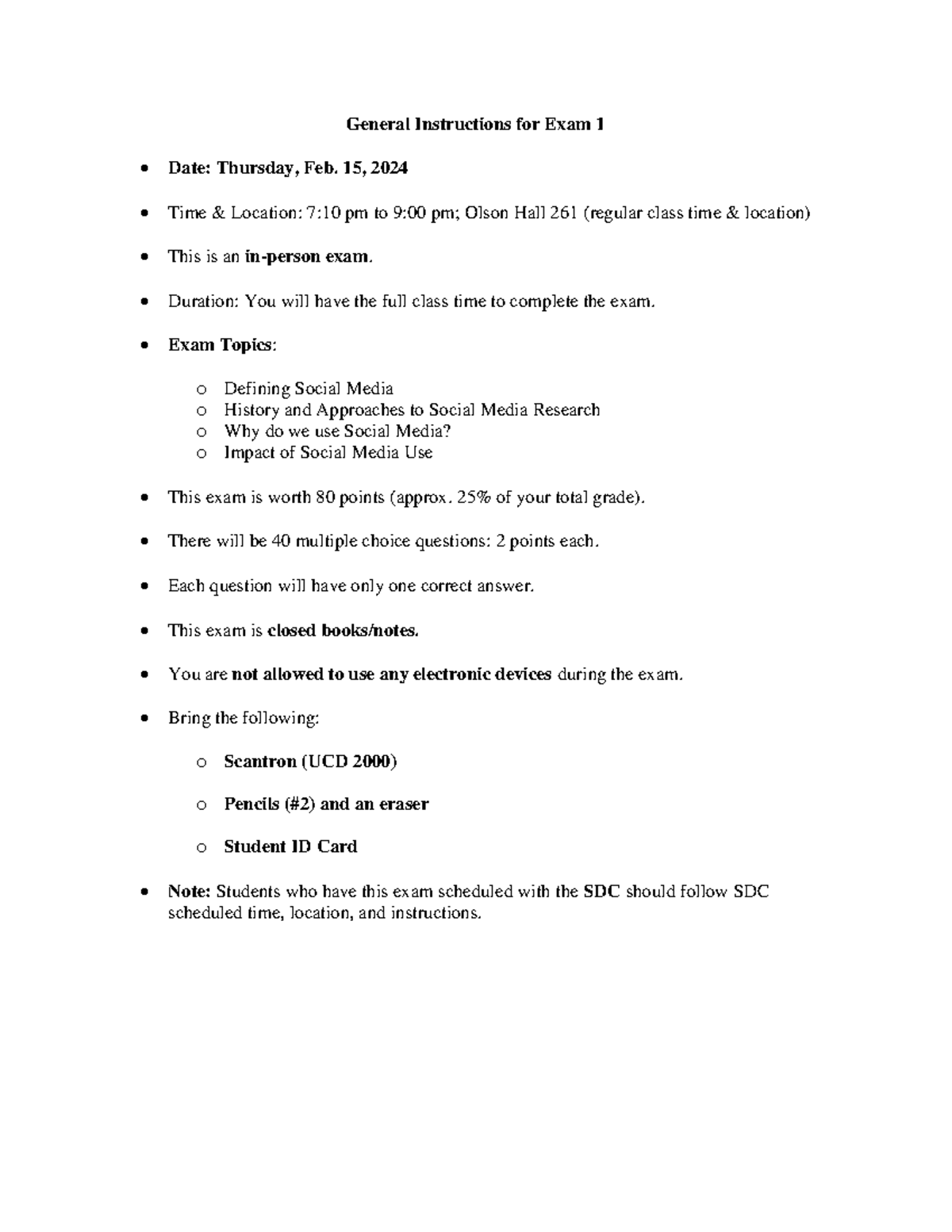 Study Guide Exam 1 - pracrtice - General Instructions for Exam 1 Date ...