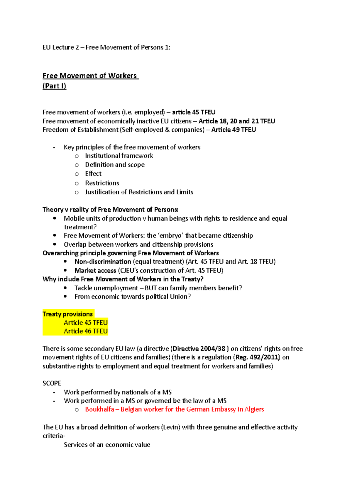 Movement Of Workers Employed Article 45 TFEU Free Movement Of