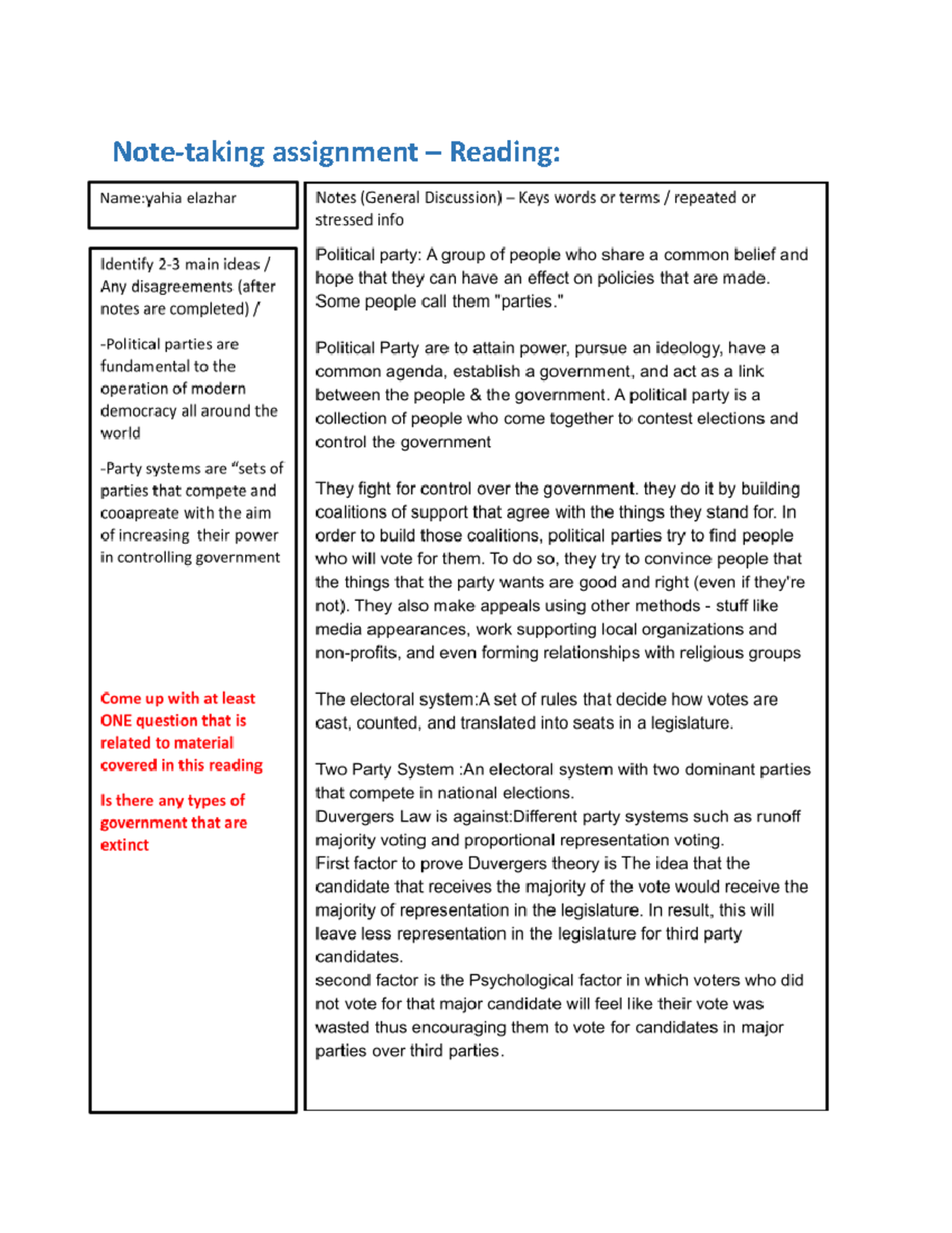 Note-taking assignment political parties - POLS-105 - Note-taking ...
