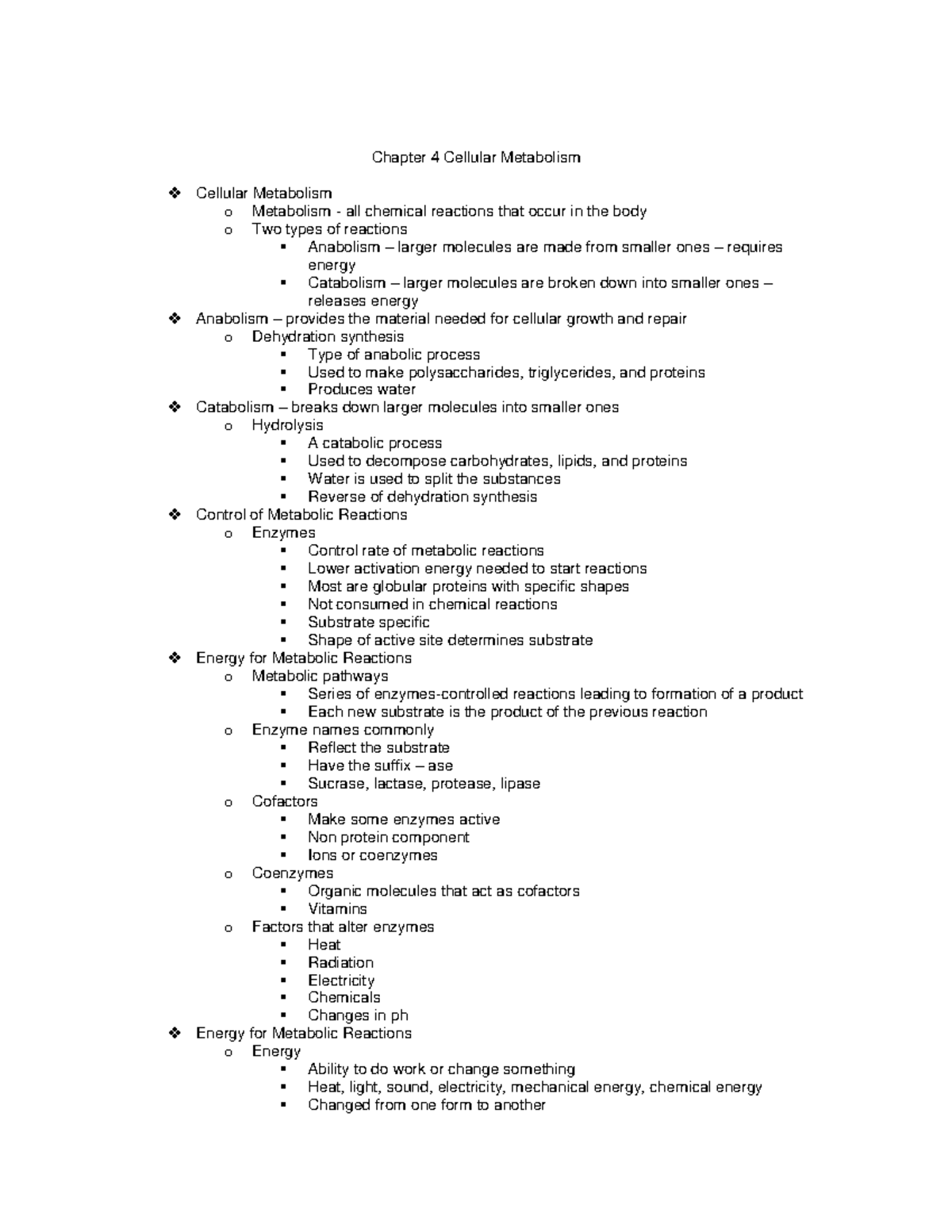 Chapter 4 Cellular Metabolism - Chapter 4 Cellular Metabolism Cellular ...