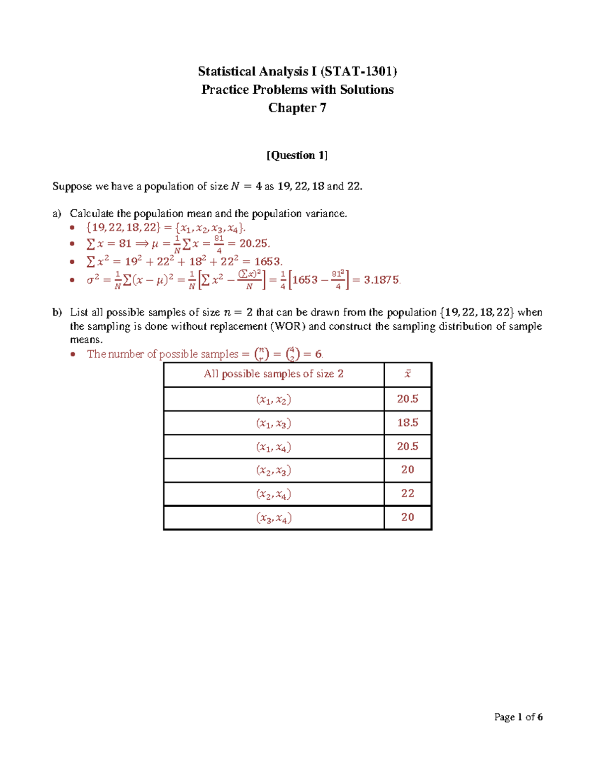 Chapter 7-STAT-1301-Practice Problems with Solutions - Statistical ...
