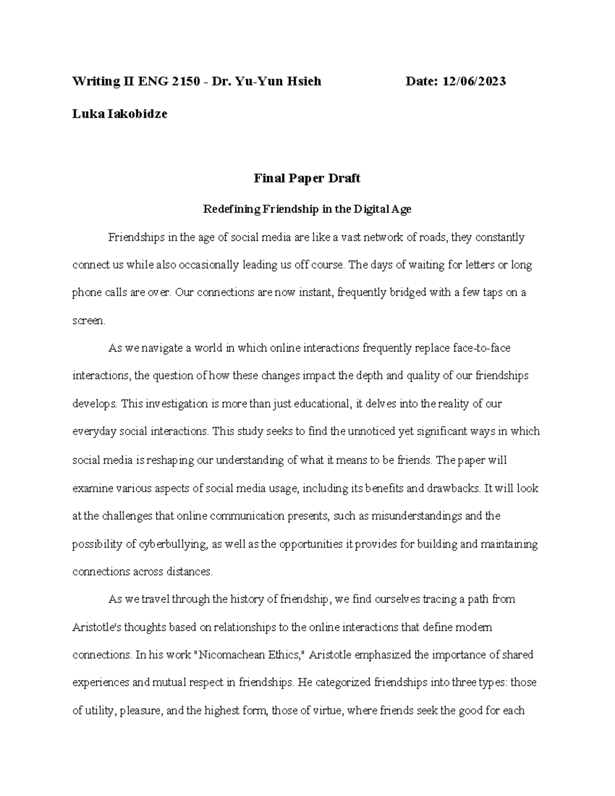 Final English - Writing II ENG 2150 - Dr. Yu-Yun Hsieh Date: 12/06 ...