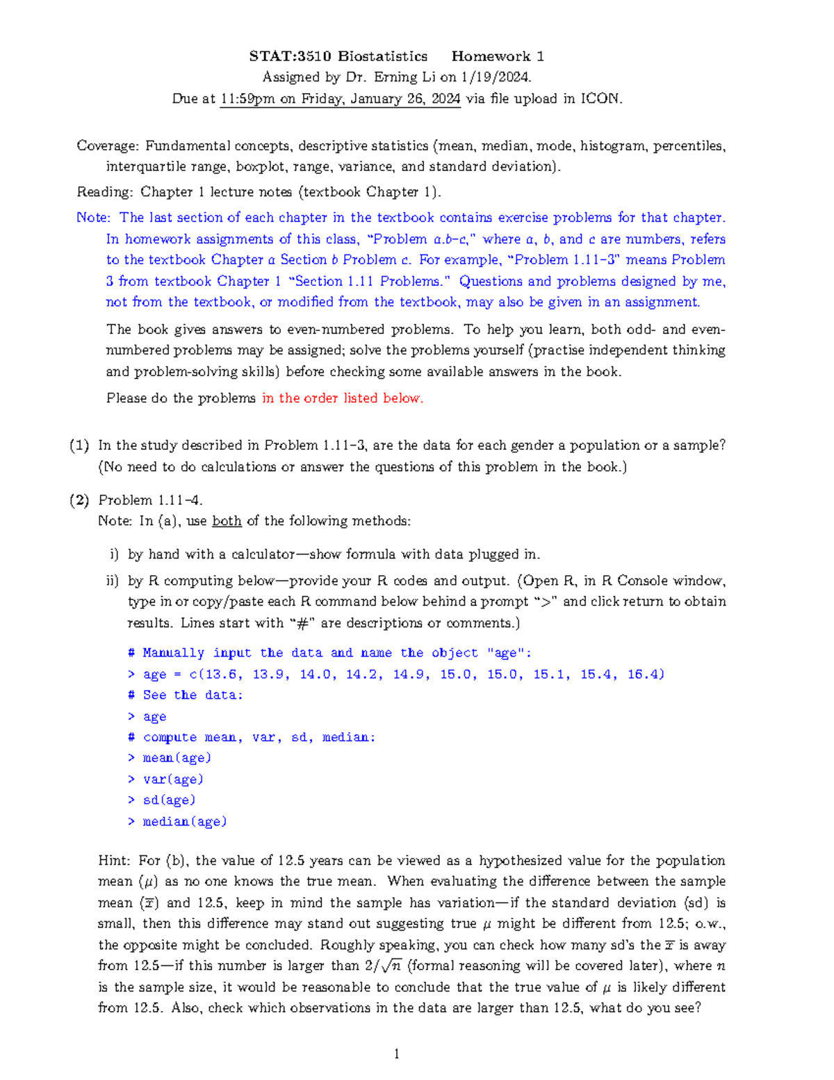 Stat3510 homework 01 - STAT:3510 Biostatistics Homework 1 Assigned by ...