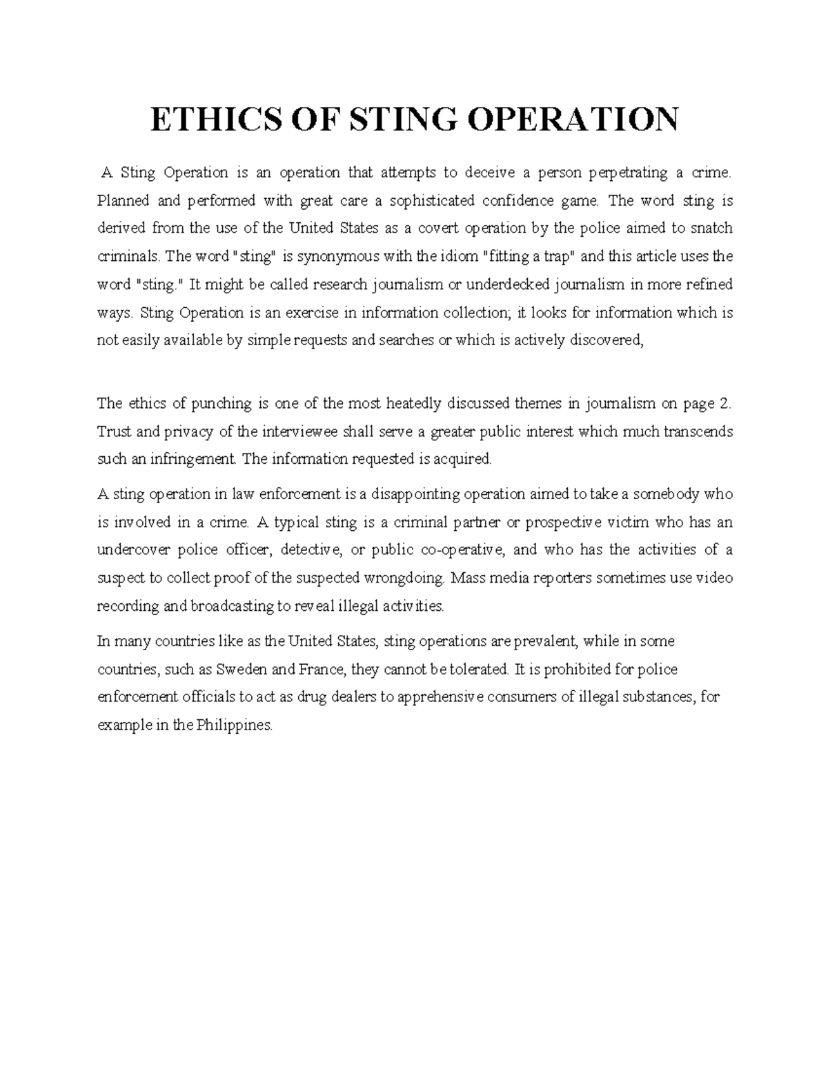 Ethics OF Sting Operation - ETHICS OF STING OPERATION A Sting Operation ...