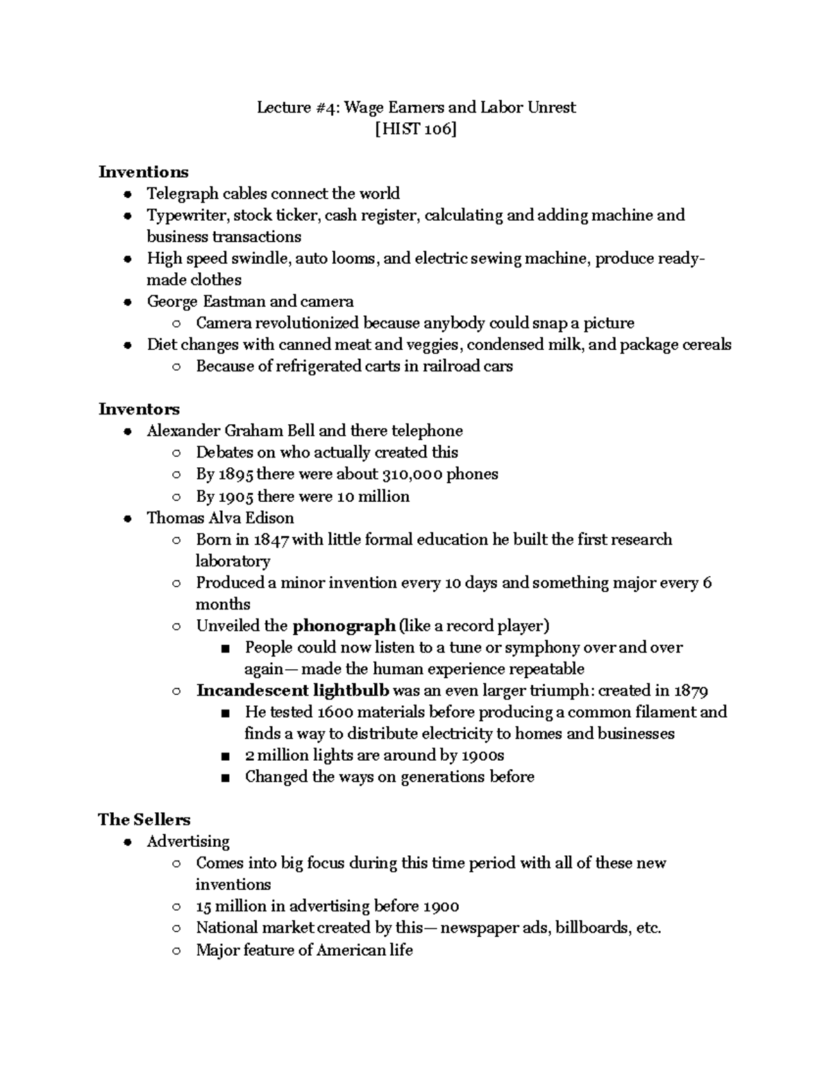 History 106 Lecture #4 - Lecture #4: Wage Earners and Labor Unrest ...