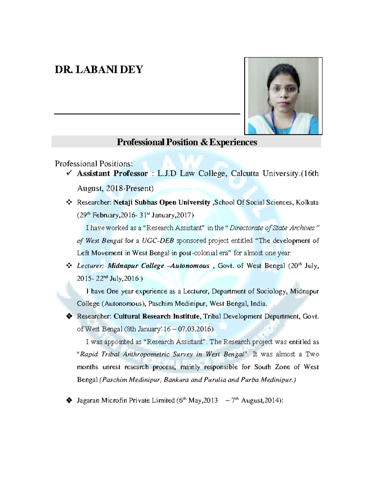 DR - Ghjkk - DR. LABANI DEY Professional Position & Experiences ...