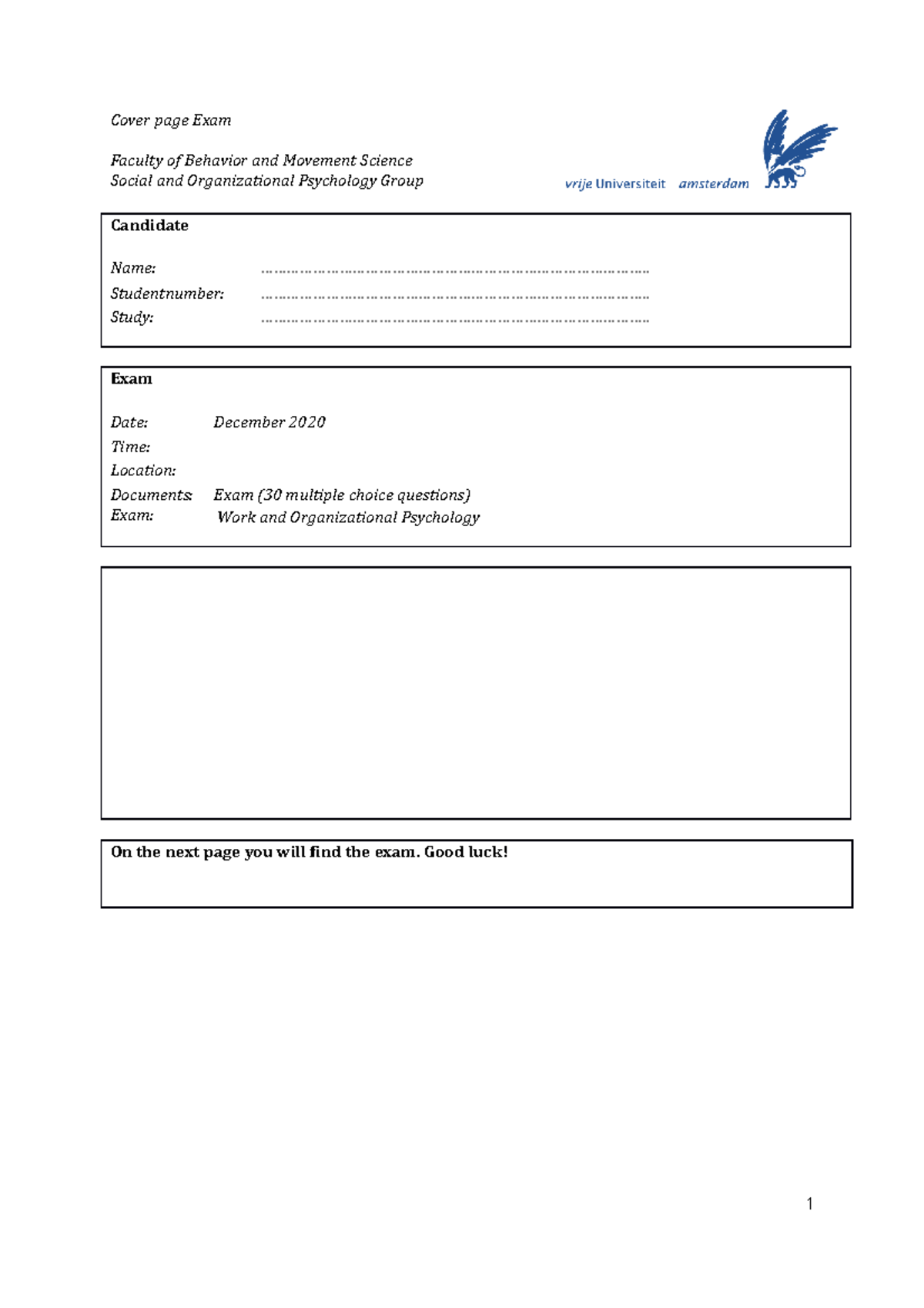 Test exam 2020 - Testtentamen - Cover page Exam Faculty of Behavior and ...