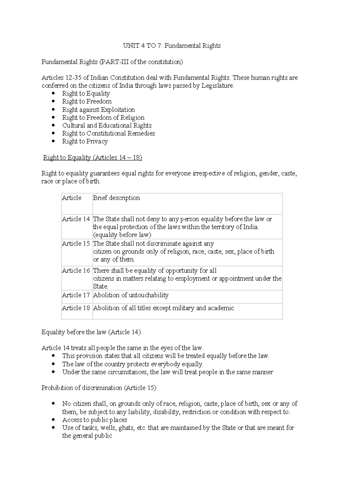 Indian constitution Unit 4 to 15 2022 - UNIT 4 TO 7: Fundamental Rights ...