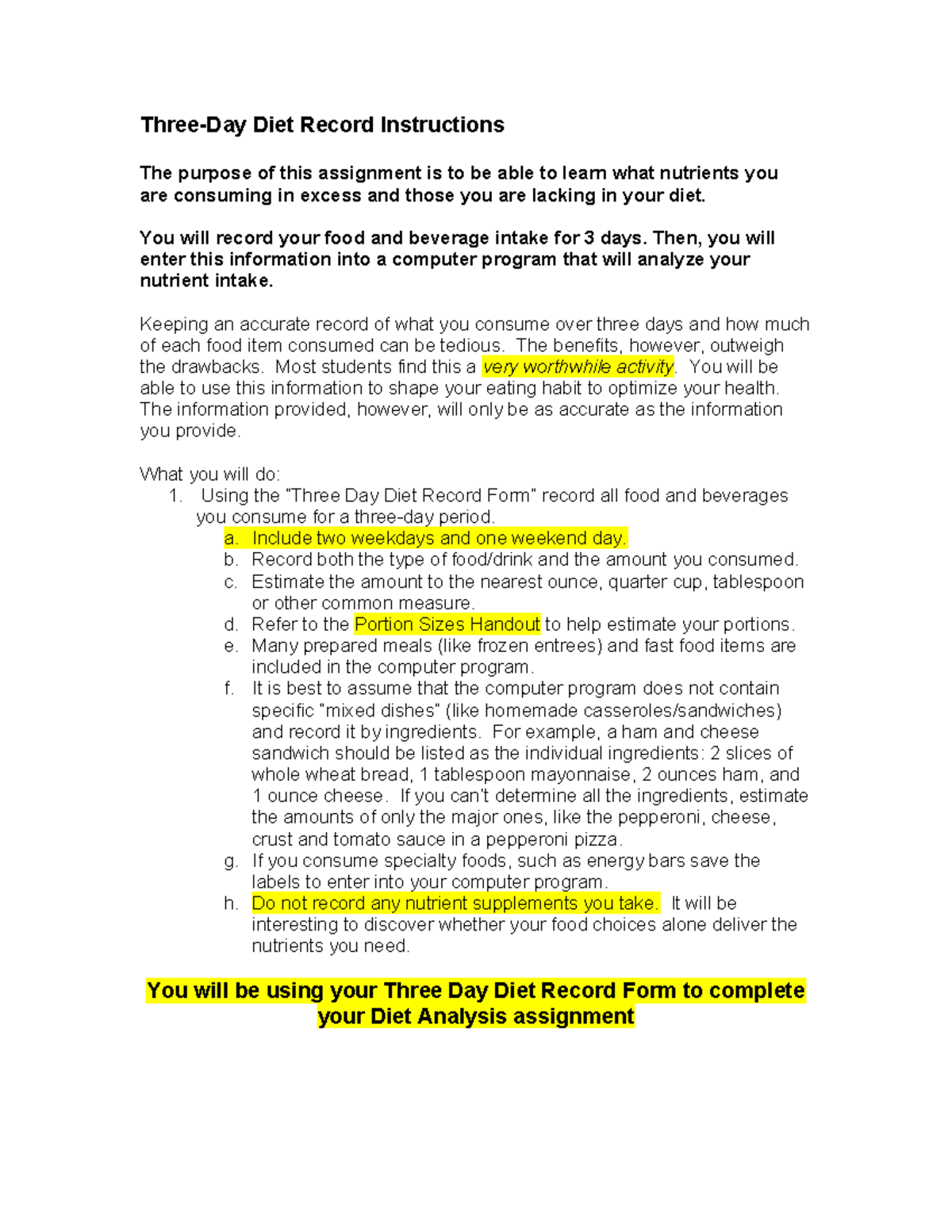 Lab 1 - Three Day Diet Record Instructions - Tagged - Three-Day Diet ...